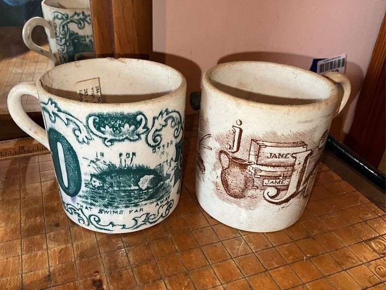 Two transfer printed ABC child's mugs: O and J - Hurley Real Estate ...