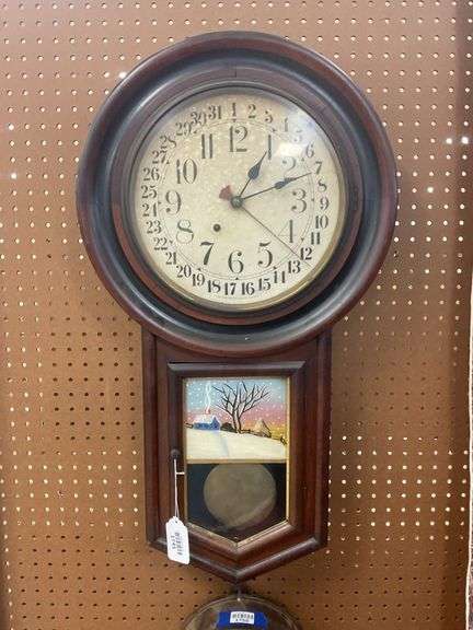 NEW HAVEN calendar wall clock w/ reverse painted glass snow scene ...