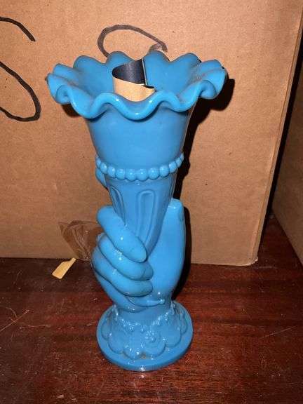 Blue opaque glass hand vase w/ ruffled rim - Hurley Real Estate & Auctions