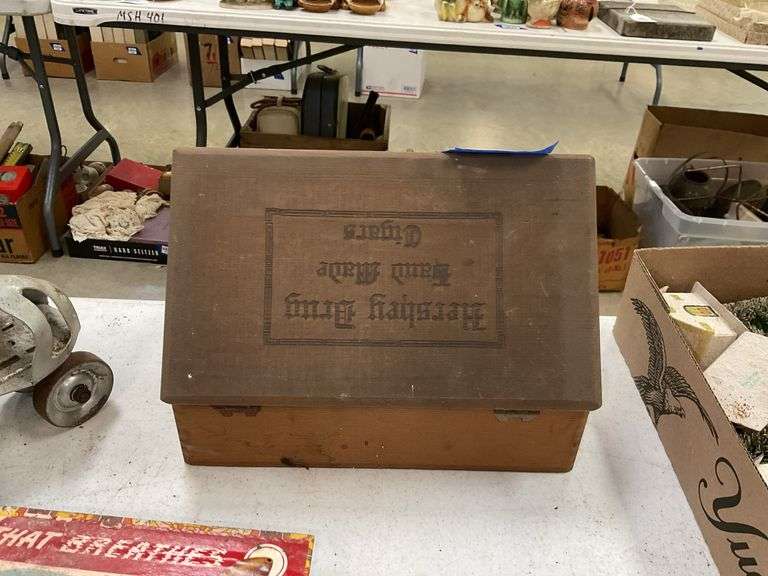 Cigar box and contents: Prince Albert tobacco tins, paper toys, coin ...