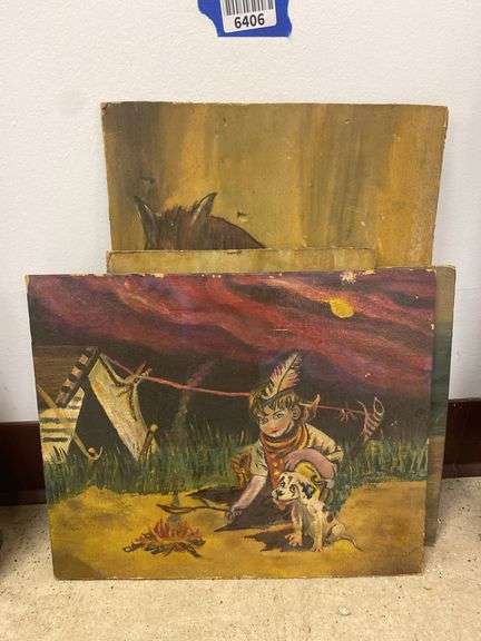 Four primitive paintings on board - Hurley Real Estate & Auctions
