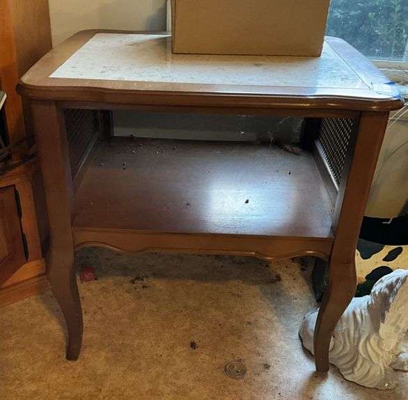 2-tier end table w/ inset stone top, caned side panels - no contents ...