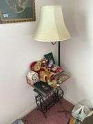 Combination floor lamp/stand/magazine rack w/ contents: clock, Teddy ...