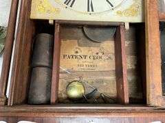 Eli Terry Pillar & Scroll shelf clock , brass finials, reverse painted ...