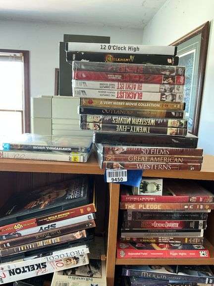 DVDs lot in boxes and shelf unit, shelf unit included - Hurley Real ...