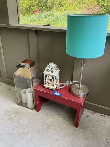 Red stool, table lamp w/ shade, lanterns - Hurley Real Estate & Auctions