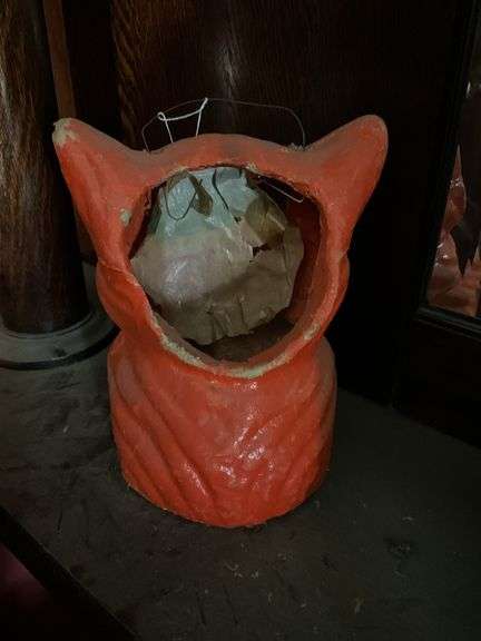 Vintage Halloween paper pulp orange cat head and picket fence lantern w ...