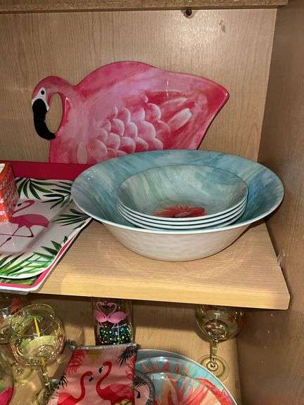 Cupboard lot, flamingo theme goblets, dishes - Hurley Real Estate & Auctions