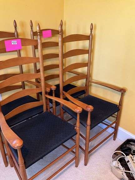 Set of four Shaker style ladderback arm chairs w/ woven tape seats - by ...