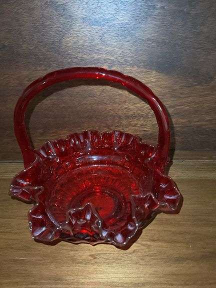 Fenton ruby glass basket w/ applied handle - Hurley Real Estate & Auctions