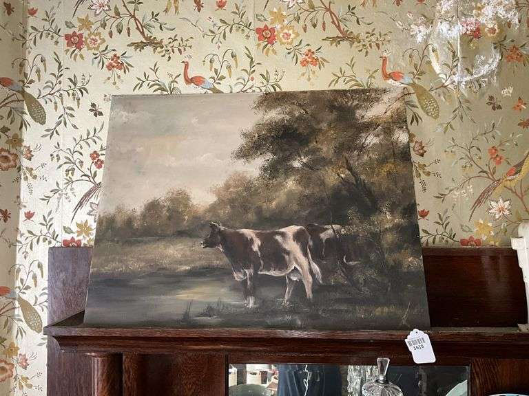 Painting, cows by stream - Hurley Real Estate & Auctions