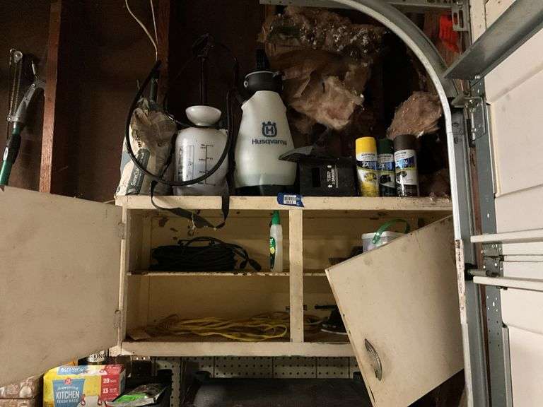 Contents of two cupboard shelves - spray paint, garden sprayers ...