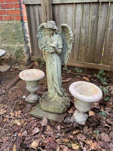 Resin angel statue with stone flower urns - Hurley Real Estate & Auctions