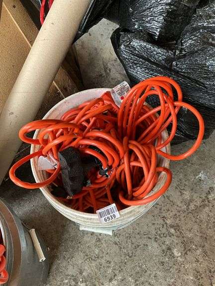 Heavy duty extension cords in bucket - Hurley Real Estate & Auctions