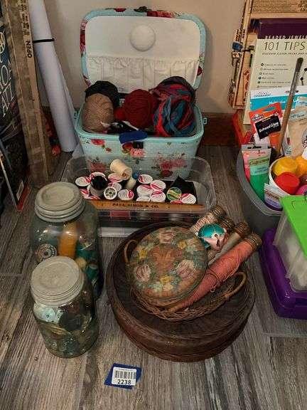 Misc sewing notions, jars of buttons, old sewing baskets, yarn & more ...