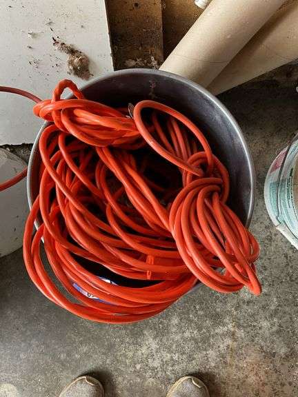 Heavy duty extension cords in bucket - Hurley Real Estate & Auctions