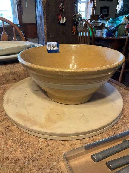 Yellow ware mixing bowl, two baking stones - Hurley Real Estate & Auctions