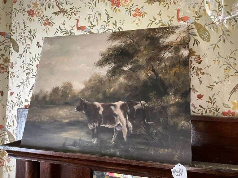 Painting, cows by stream - Hurley Real Estate & Auctions