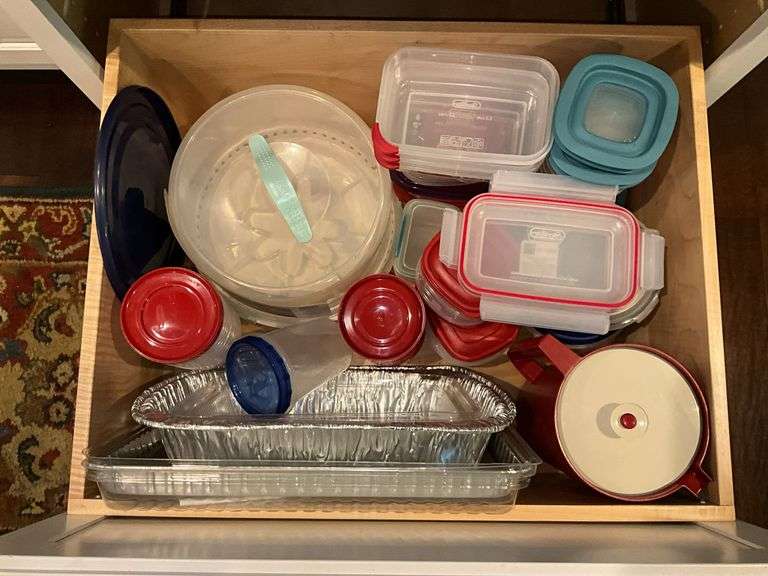 Plasticware storage containers, foil pan - Hurley Real Estate & Auctions