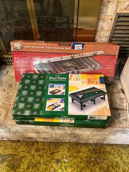 Two toy pool tables and poker chip set in boxes - Hurley Real Estate ...