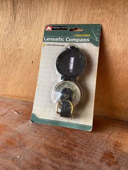 Lensatic compass in package, staples - Hurley Real Estate & Auctions