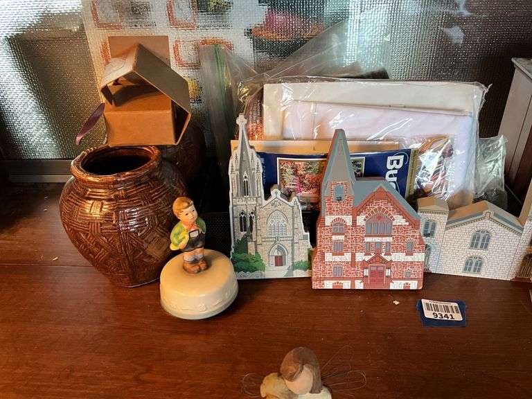 Hummel music box, pottery vase, building cutouts, plaid lunchbox, clock ...