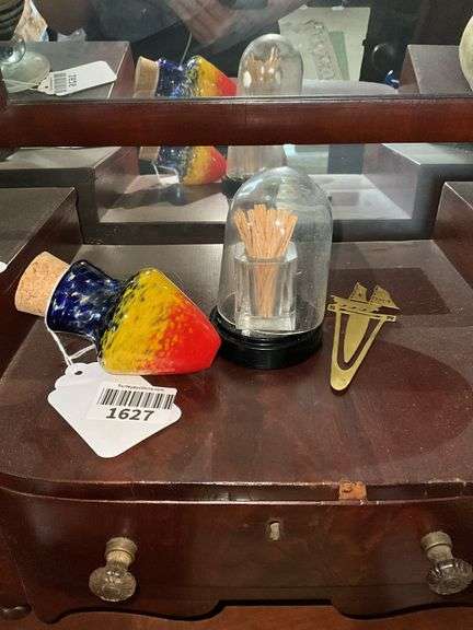 Small art glass bottle, toothpick holder in dome, brass bookmarker ...