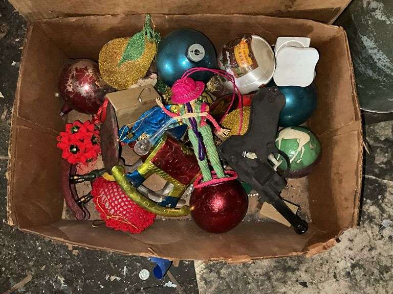 Vintage Christmas tree stand, ornaments, Halloween mask, Mickey Mouse ...