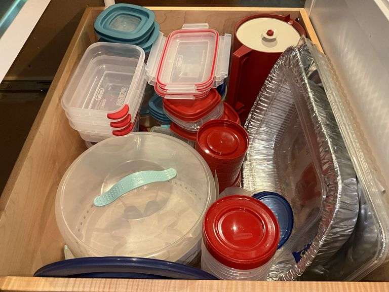 Plasticware storage containers, foil pan - Hurley Real Estate & Auctions