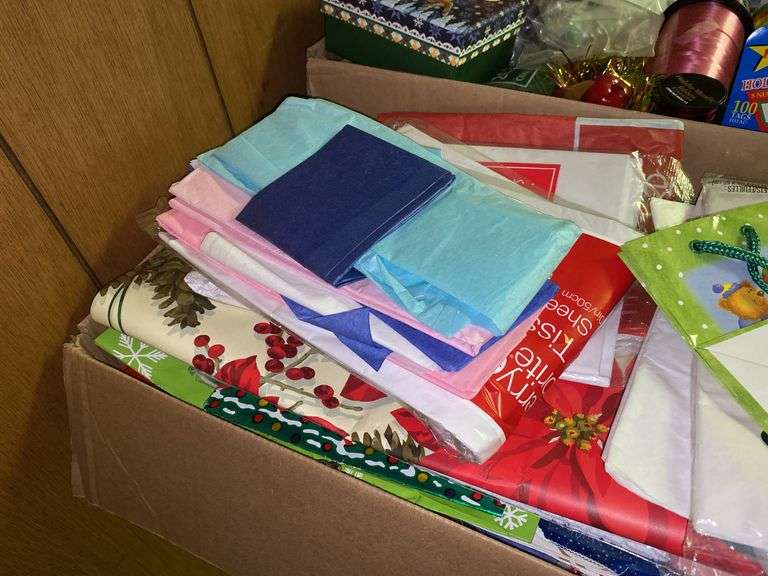 Wicker laundry basket w/ wrapping paper, ribbon, gift bags, tissue ...