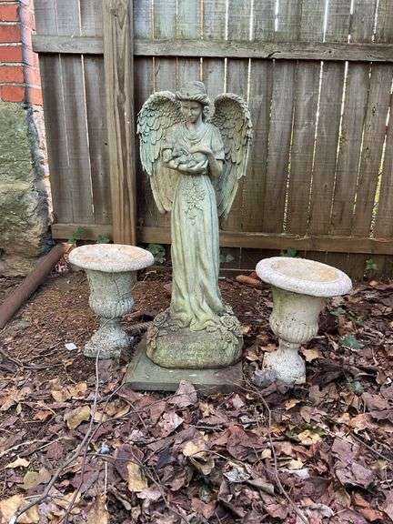 Resin angel statue with stone flower urns - Hurley Real Estate & Auctions