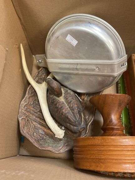 Shooting vest, mess kit, wood bowl w/ coasters, books, wood box ...