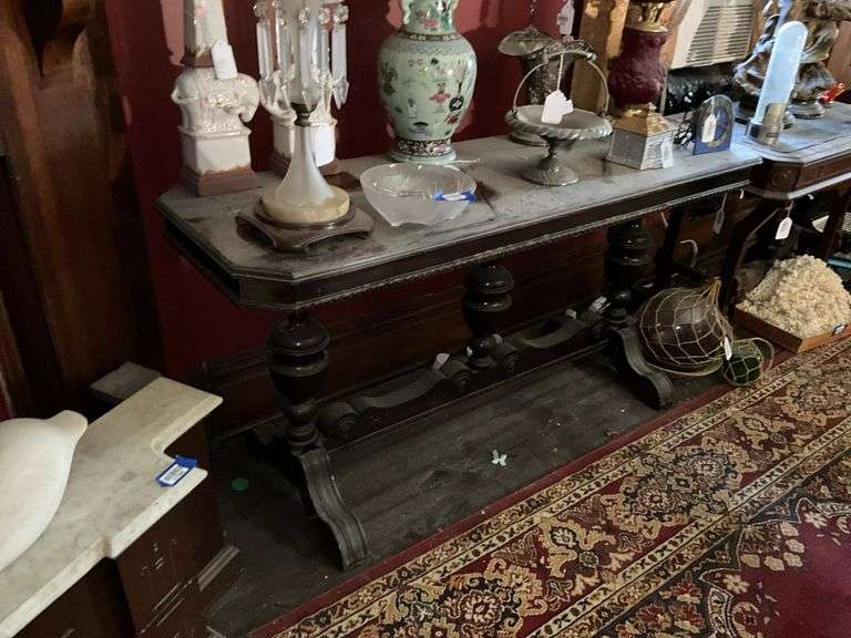 Jacobean library table w/ three heavy turned urn supports - no contents ...
