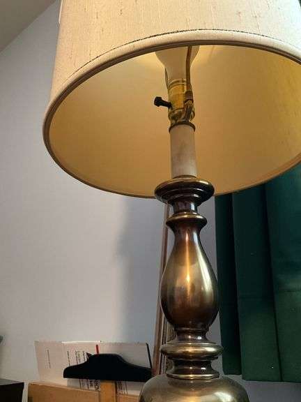 Two antiqued brass tone table lamps w/ shades - Hurley Real Estate ...