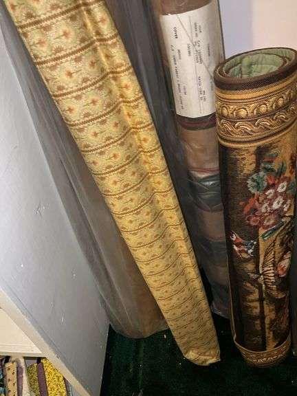 Rolled fabric, tapestry, hooked rug, sewing basket, misc - Hurley Real ...