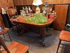 Oak dining table w/ six press back chairs, one leaf, no contents 60”x42 ...