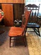 Oak dining table w/ six press back chairs, one leaf, no contents 60”x42 ...