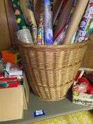 Wicker laundry basket w/ wrapping paper, ribbon, gift bags, tissue ...