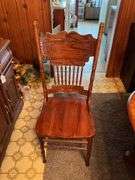 Oak dining table w/ six press back chairs, one leaf, no contents 60”x42 ...