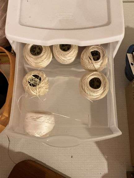 Oval wooden shaker box, thread stand, thread and trims, plastic drawer ...