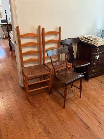 Two ladder back chairs w/ rush bottom seats, plank bottom & T-back ...
