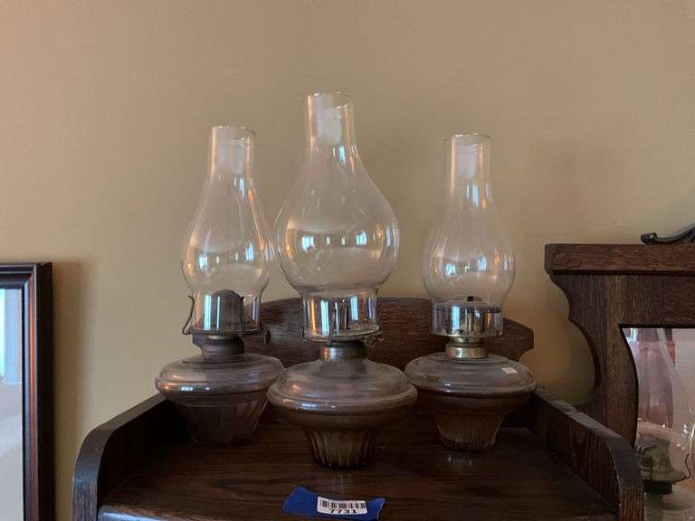 Three antique glass oil lamp fonts w/ burners and chimneys - by the pc ...