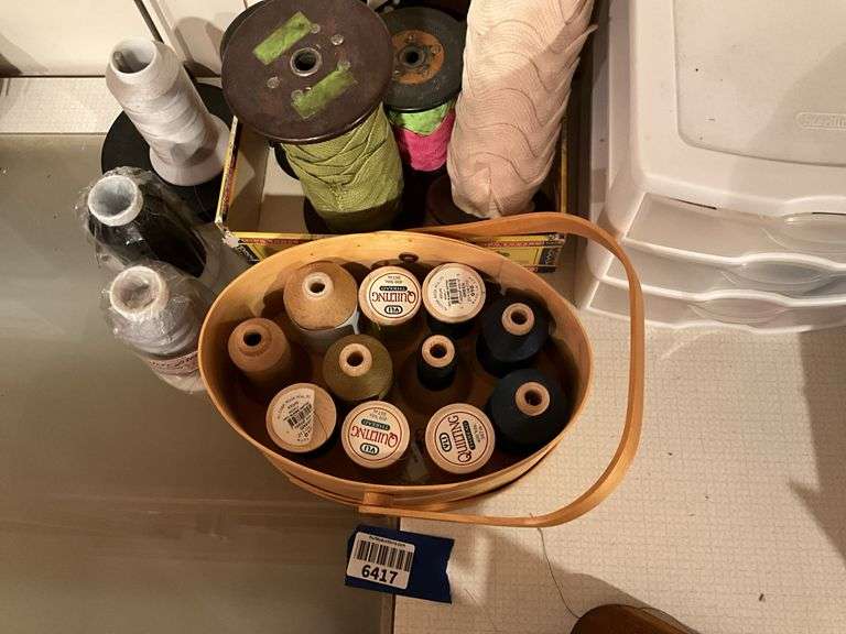 Oval wooden shaker box, thread stand, thread and trims, plastic drawer ...