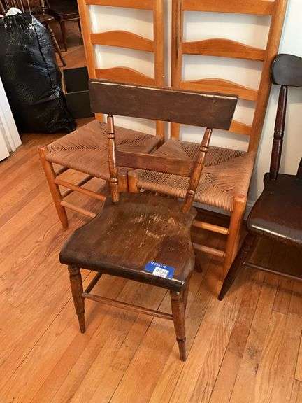 Two ladder back chairs w/ rush bottom seats, plank bottom & T-back ...