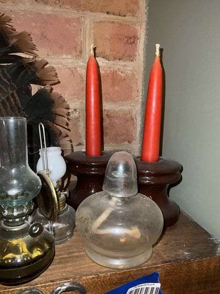 Two miniature oil lamps, two alcohol lamps, pair candleholders w ...