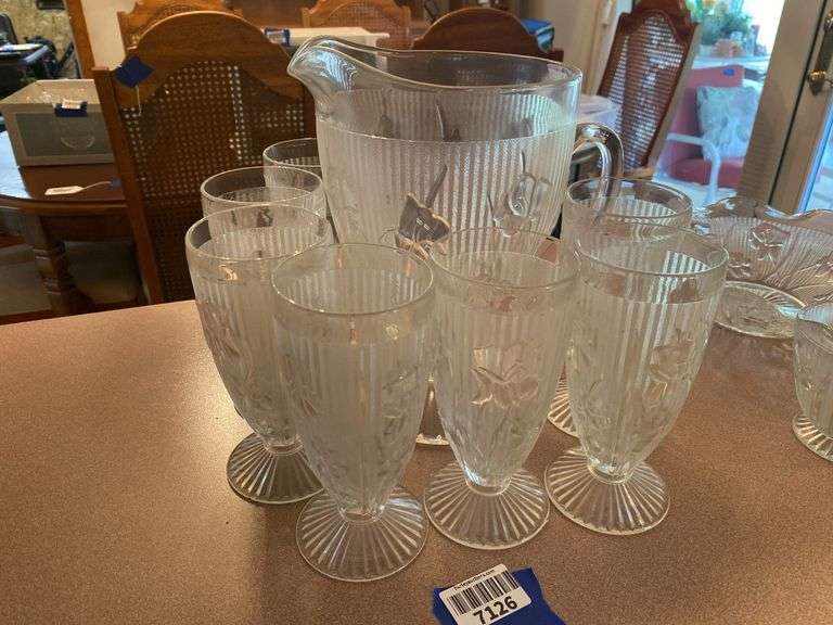 Iris Pattern Depression Glass water set - Hurley Real Estate & Auctions