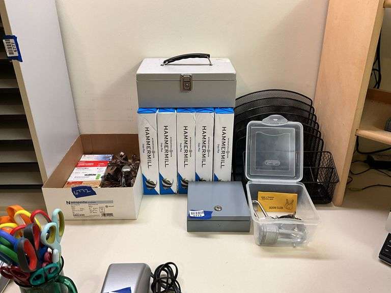 Cash box, printer paper, stapler, staples, staple pullers - Hurley Real ...