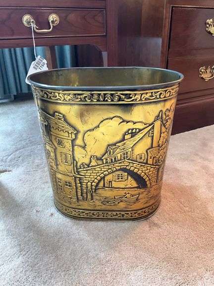 Vintage scenic embossed metal waste can - Hurley Real Estate & Auctions