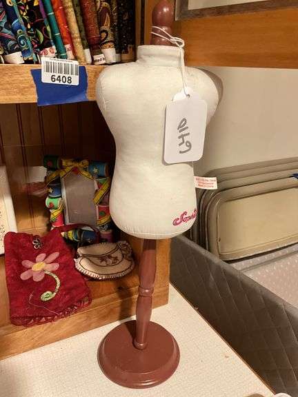 Mini dress form and contents of shelf: sewing box, frames, mini sewing ...