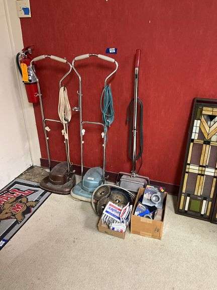 Three floor cleaners including Electrolux, brushes and supplies ...